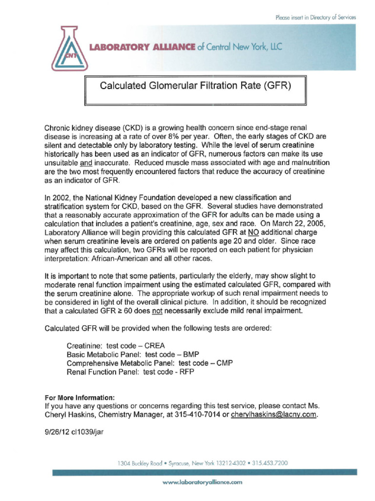 Calculated Glomerular Filtration Rate (GFR) Test Bulletin | PDF