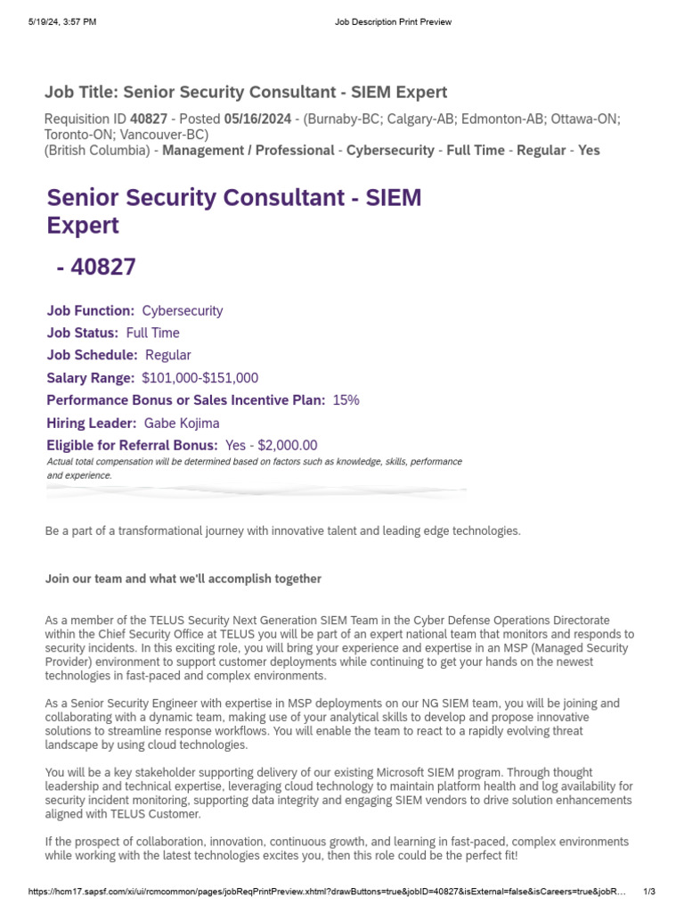 Senior Security Consultant - SIEM Role | PDF | Business | Computing