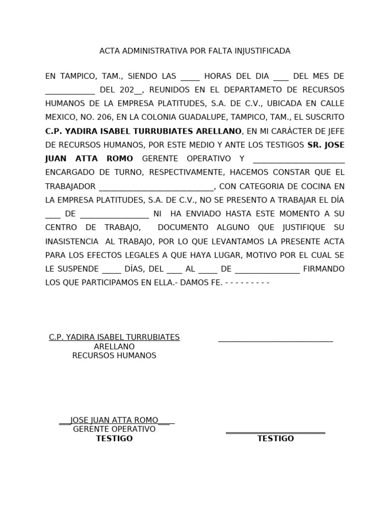 Acta Administrativa Por Falta Injustificada | PDF