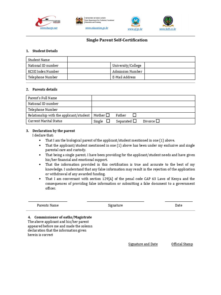 Single Parent Self Certification 2024 | PDF