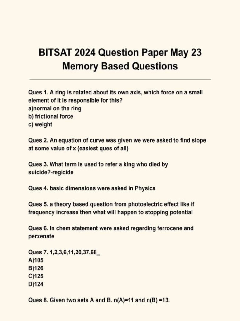 BITSAT Question Paper 2024 Session 1 May 23 | PDF