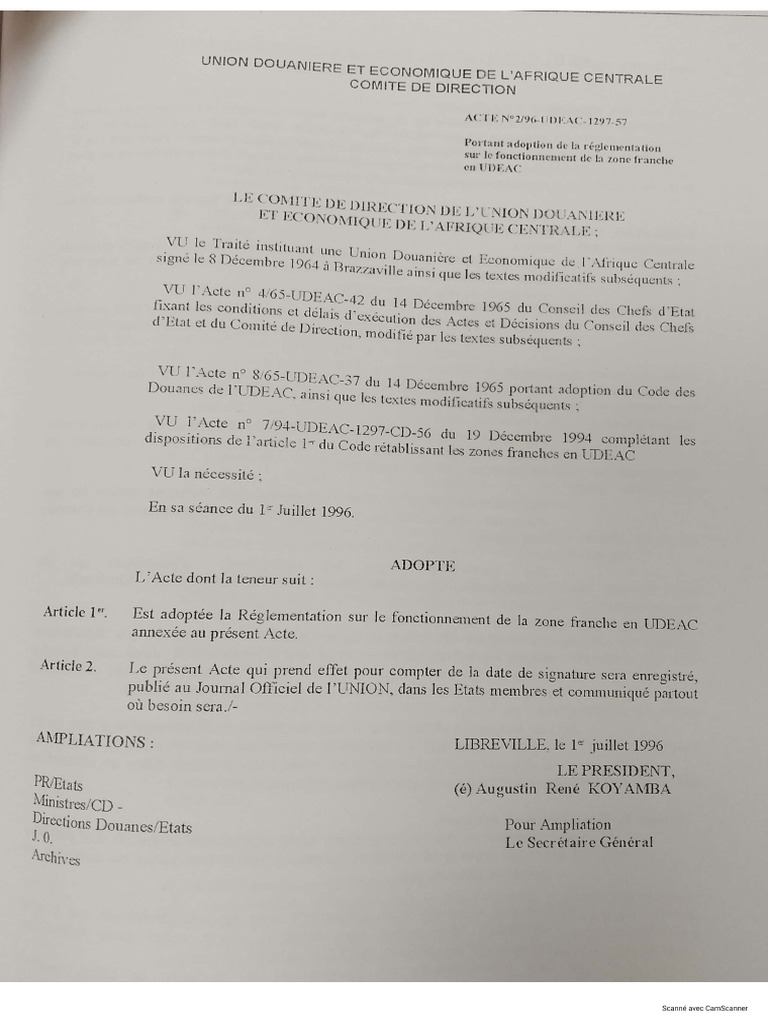 Acte N°296-UDEAC Portant Réglementation Sur Le Fonctionnement de La ...