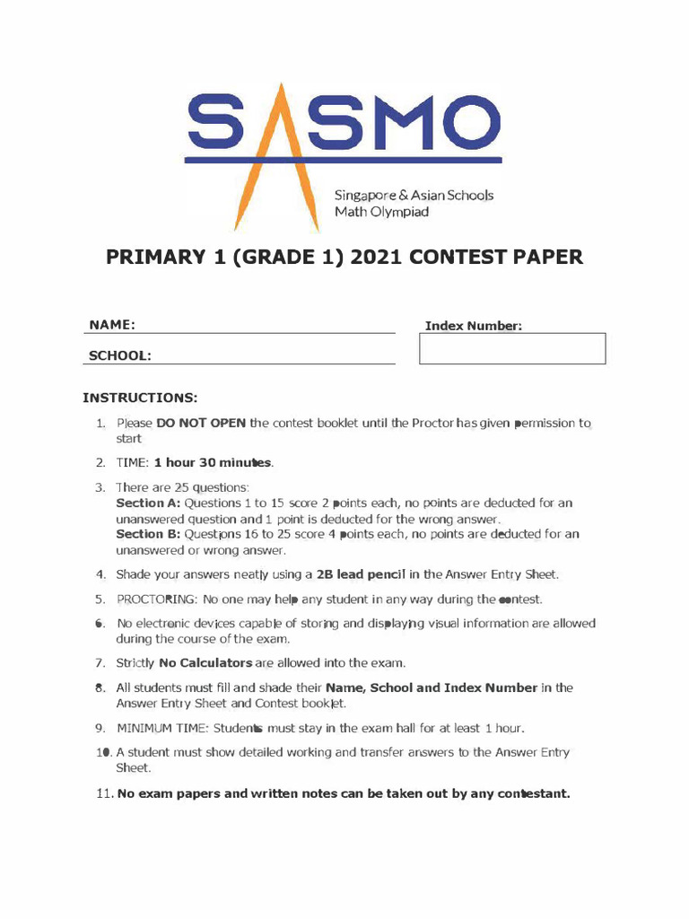 2021 Singapore Math Olympiad Grade 1 | PDF