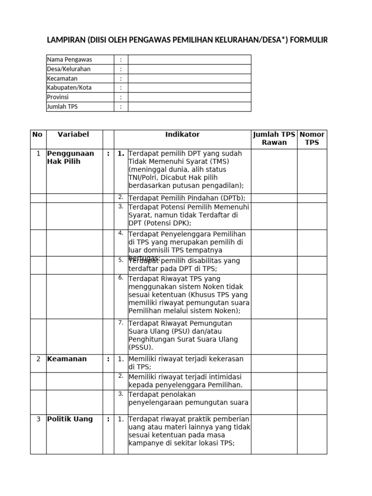 Form Isian TPS Rawan Pilkada 2024 | PDF