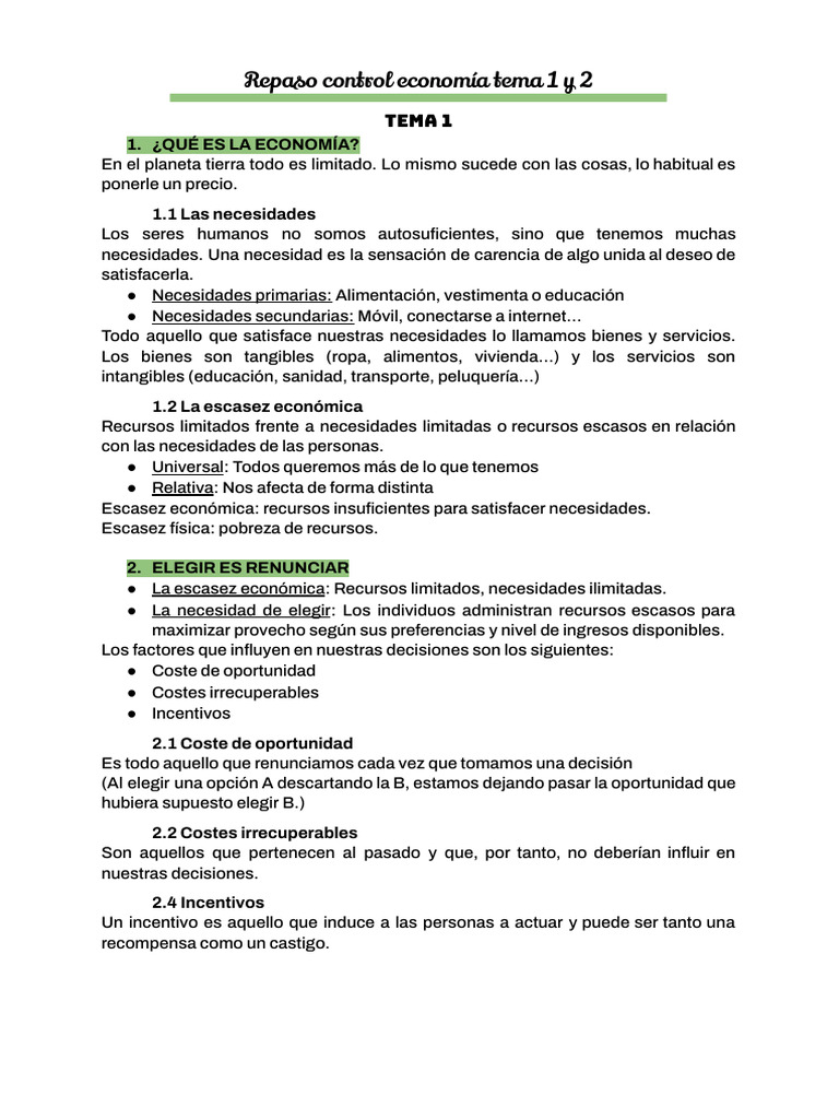 Repaso Control Economía Tema 1 y 2 | PDF | Mercado (economía) | Ciencias económicas