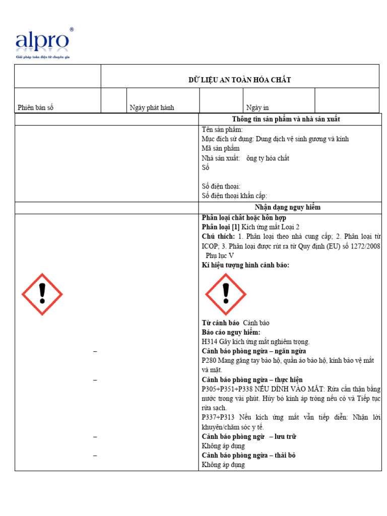 Phiếu an toàn hóa chất MSDS Alpro A311 GLASSO KLEEN | PDF