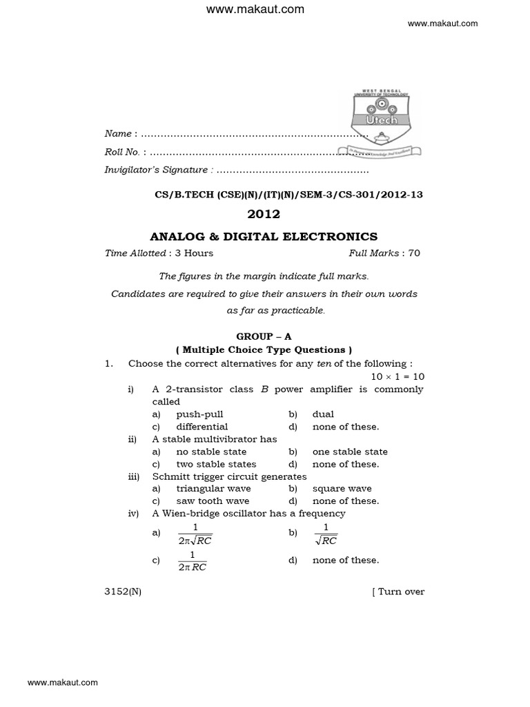 Btech Cse 3 Sem Analog and Digital Devices 2022 | PDF | Electronic ...