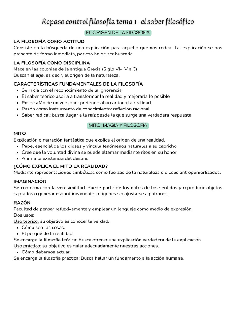 Repaso Control Filosofía Tema 1 - El Saber Filosófico | PDF | Razón | Conocimiento