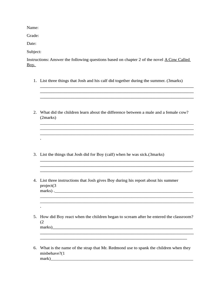A Cow Called Boy: Chapter 2 Questions | PDF