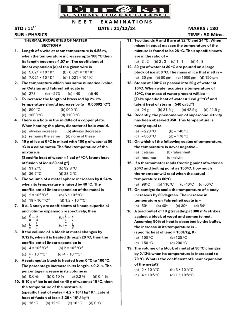 Neet Thermal Properties of Matter 21ST Dec | PDF | Thermal Expansion | Temperature