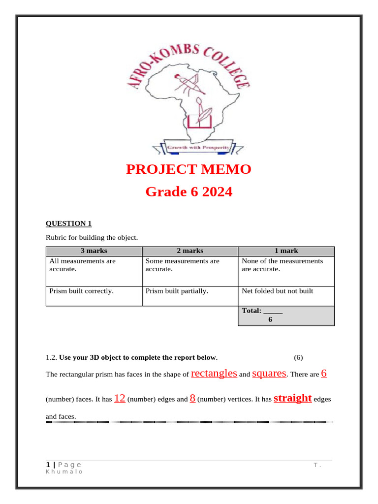 GRADE 6 PROJECT MEMO TERM 3 | PDF | Elementary Geometry | Linear Programming
