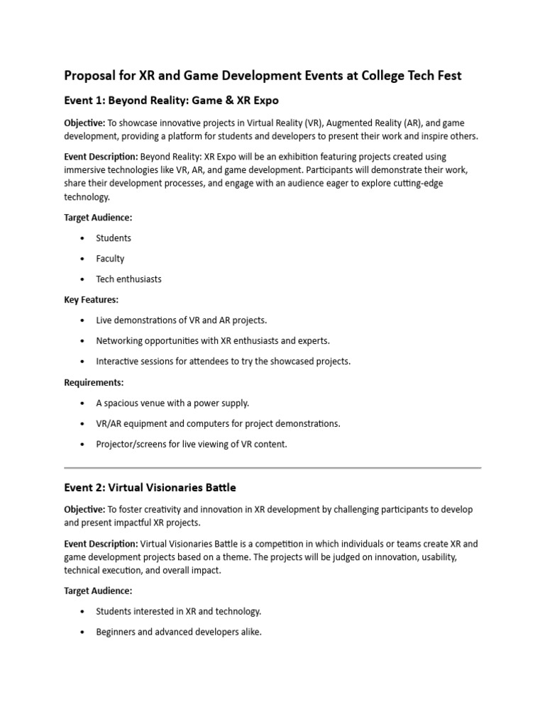 Proposal For XR and Game Development Events at College Tech Fest | PDF