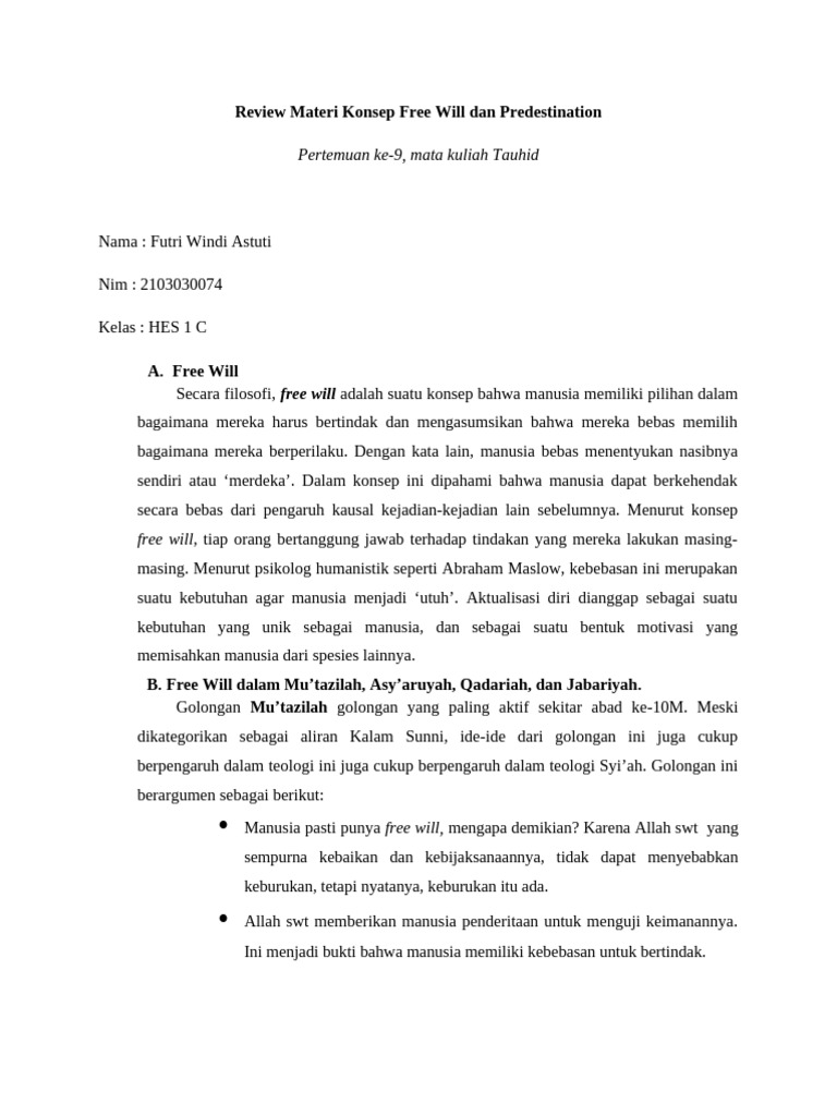 Review Materi Konsep Free Will Dan Predestination - Futri Windi Astuti | PDF