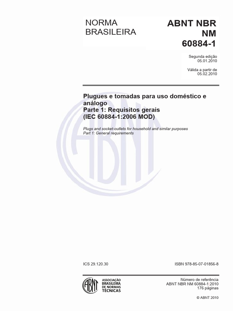 Abnt NBR NM 60884 1 2010 | PDF | Tomadas elétricas | Resistência elétrica e condutividade