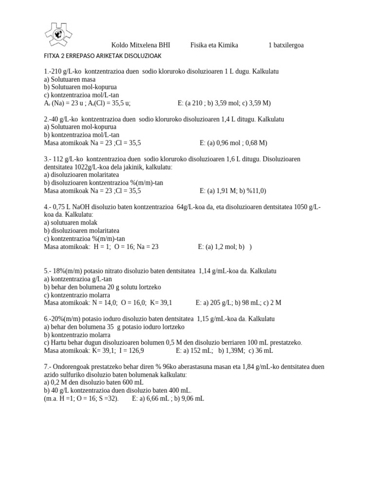 Fitxa 2 Disoluzioak Errepaso 7 Ariketa | PDF