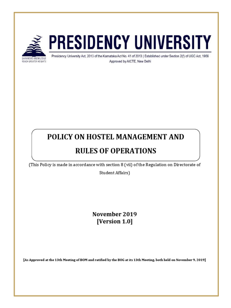 Hostel Food Menu Policy at Presidency University | PDF | University ...