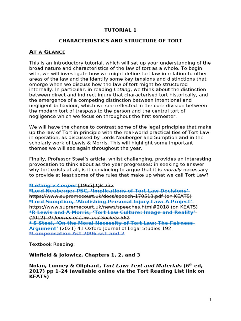 TUTORIAL 1 Characteristics of Tort | PDF | Tort | Damages