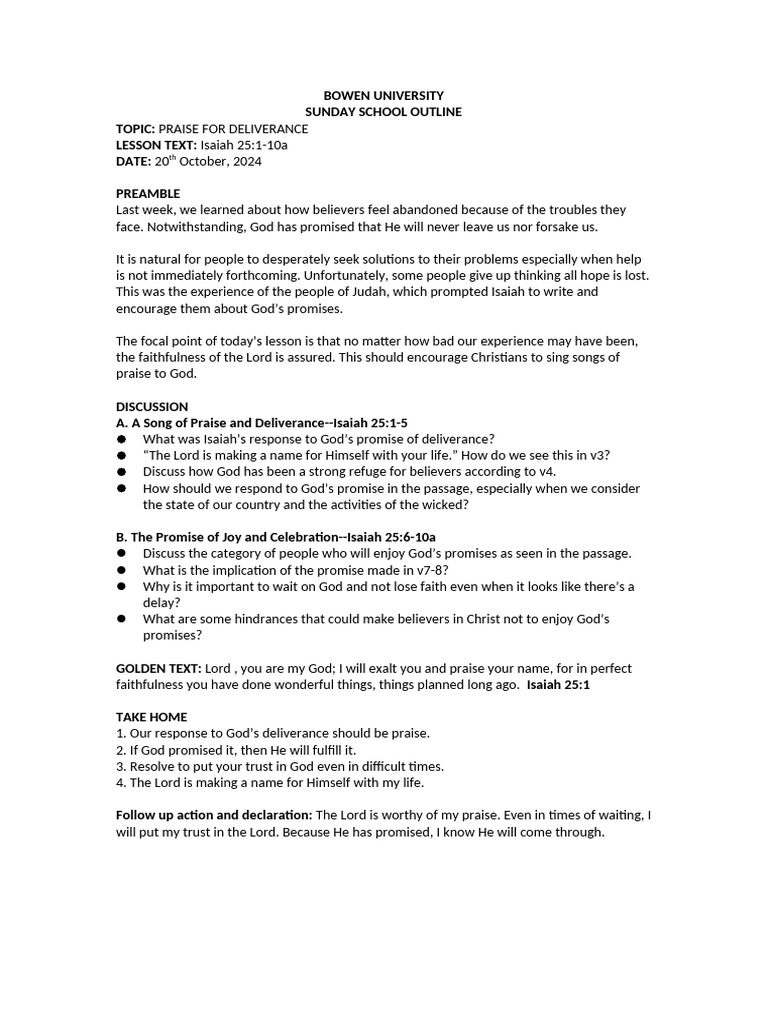 Sunday School Outline for 20th of October 2024 | PDF