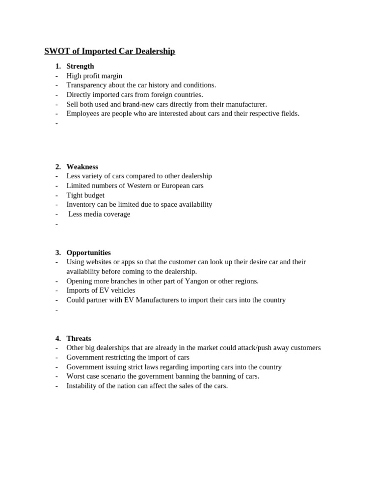 SWOT of Imported Car Dealership | PDF