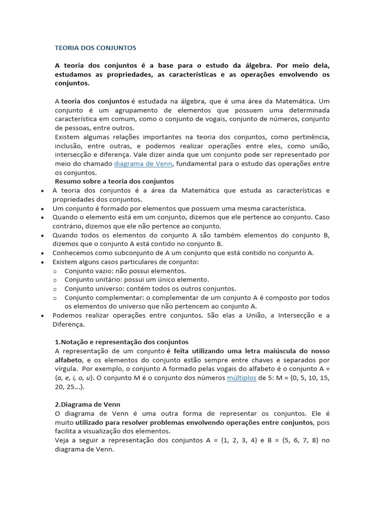 Teoria dos conjuntos | PDF | Conjunto (Matemática) | Conjunto vazio ...