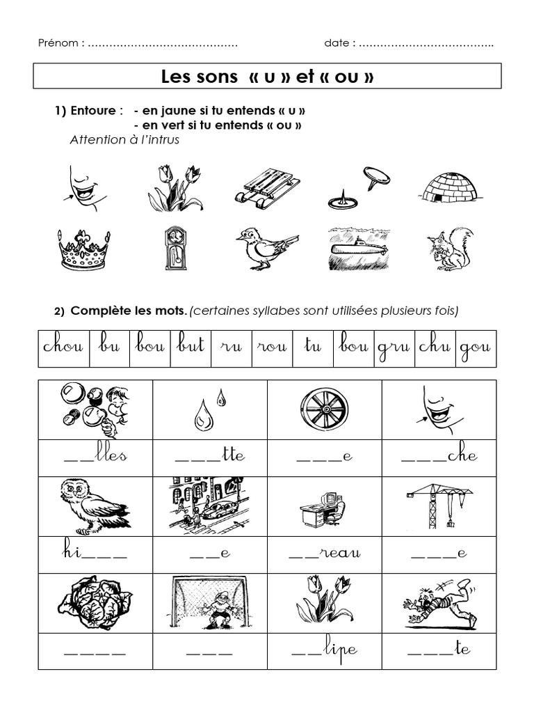 Exercices sur les sons "u" et "ou" | PDF