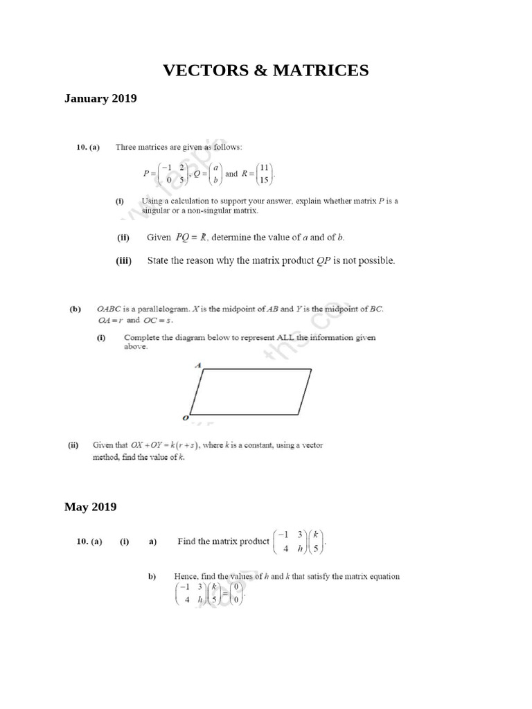 Vectors & Matrices Past Papers (2019-2023) | PDF
