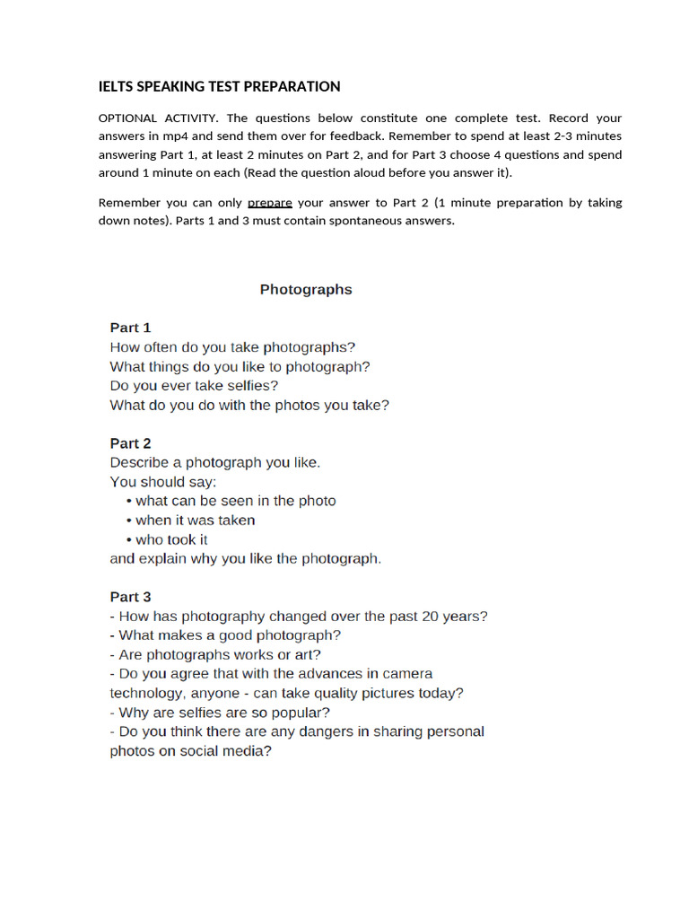 IELTS SPEAKING TEST PREPARATION Optional Activity | PDF