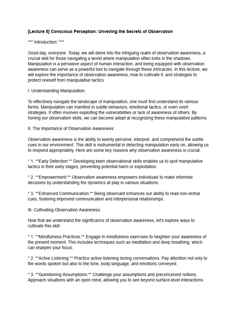 Lecture 5 - Conscious Perception - Unveiling The Secrets of Observation ...