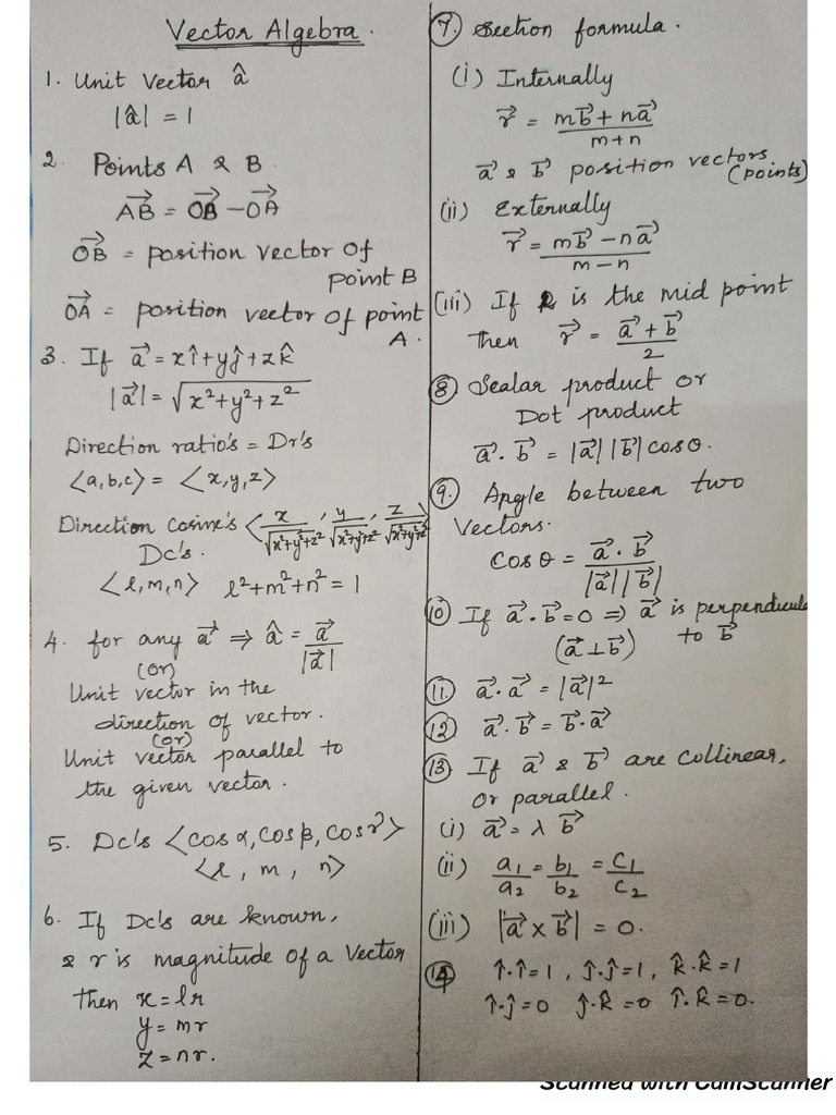 Vector Algebra Formula Sheet | PDF