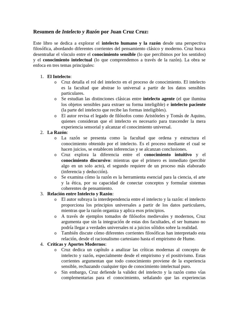 Resumen de Intelecto y Razón Por Juan Cruz Cruz | PDF | Comprensión | Razón