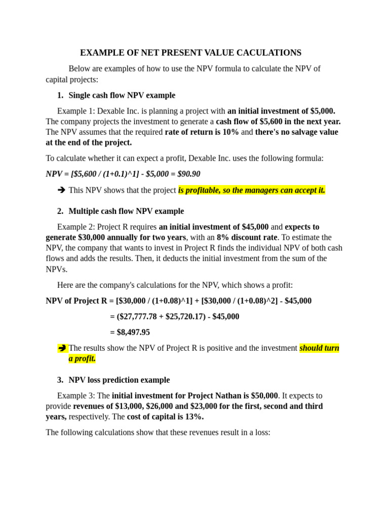 Example of Net Present Value Caculations | PDF
