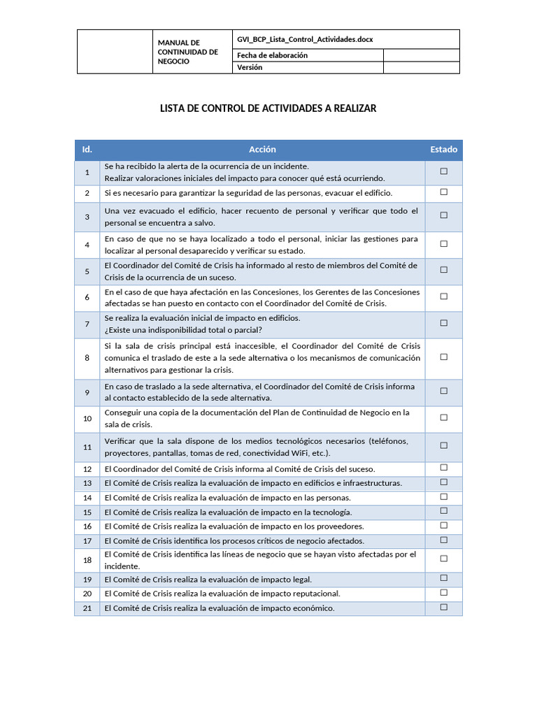 Lista Control Actividades | PDF