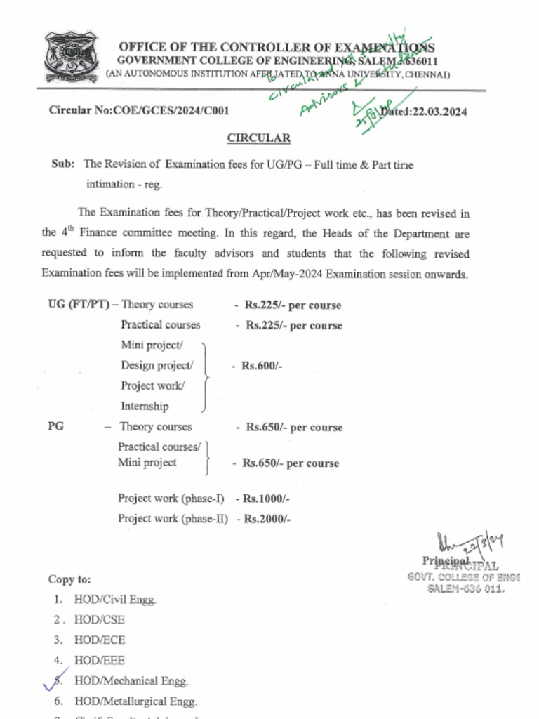 Circular UG @PG Revision of Examination Fees | PDF
