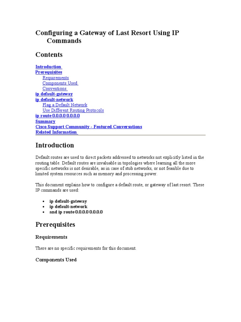 Configuring A Gateway Of Last Resort Using Ip Commands Pdf Ip Address Network Layer Protocols 