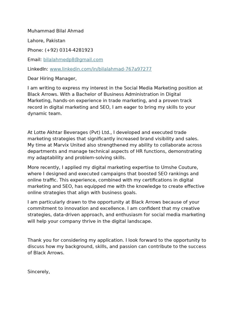 Cover Letter Bilal Ahmad | PDF