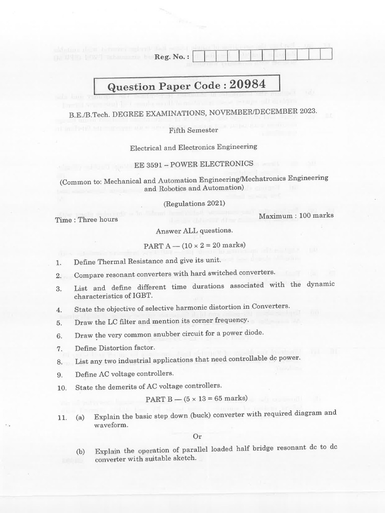 Power Electronics - EE3591 2021 Regulation - Semester Question Paper ...