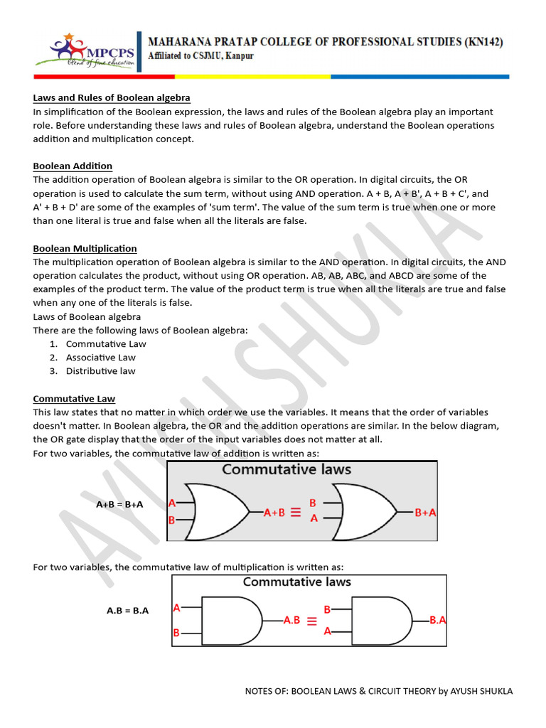 BOOLEAN LAWS by AYUSH SHUKLA | PDF | Boolean Algebra | Teaching Mathematics