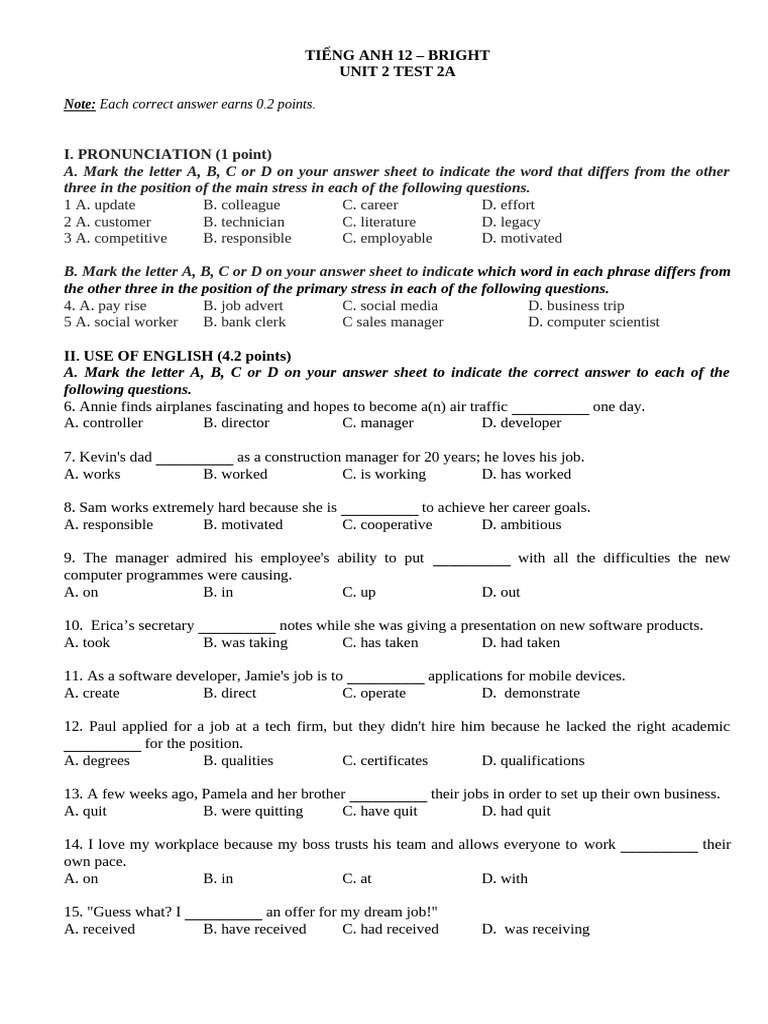 Bright 12 Test 2A (09-01-2024) | PDF | Experience