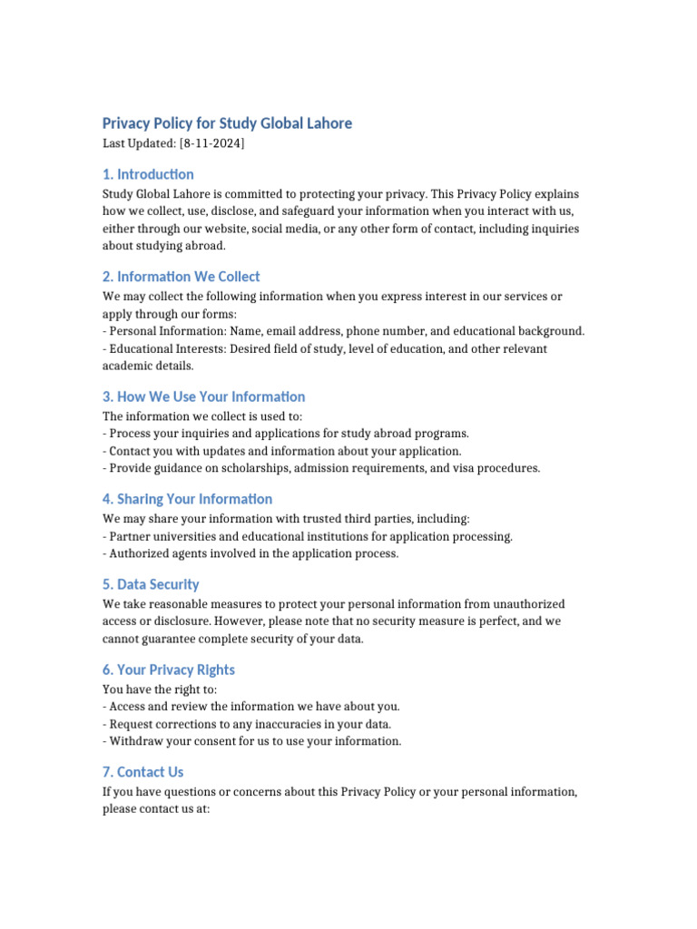Study Global Lahore Privacy Policy Page | PDF
