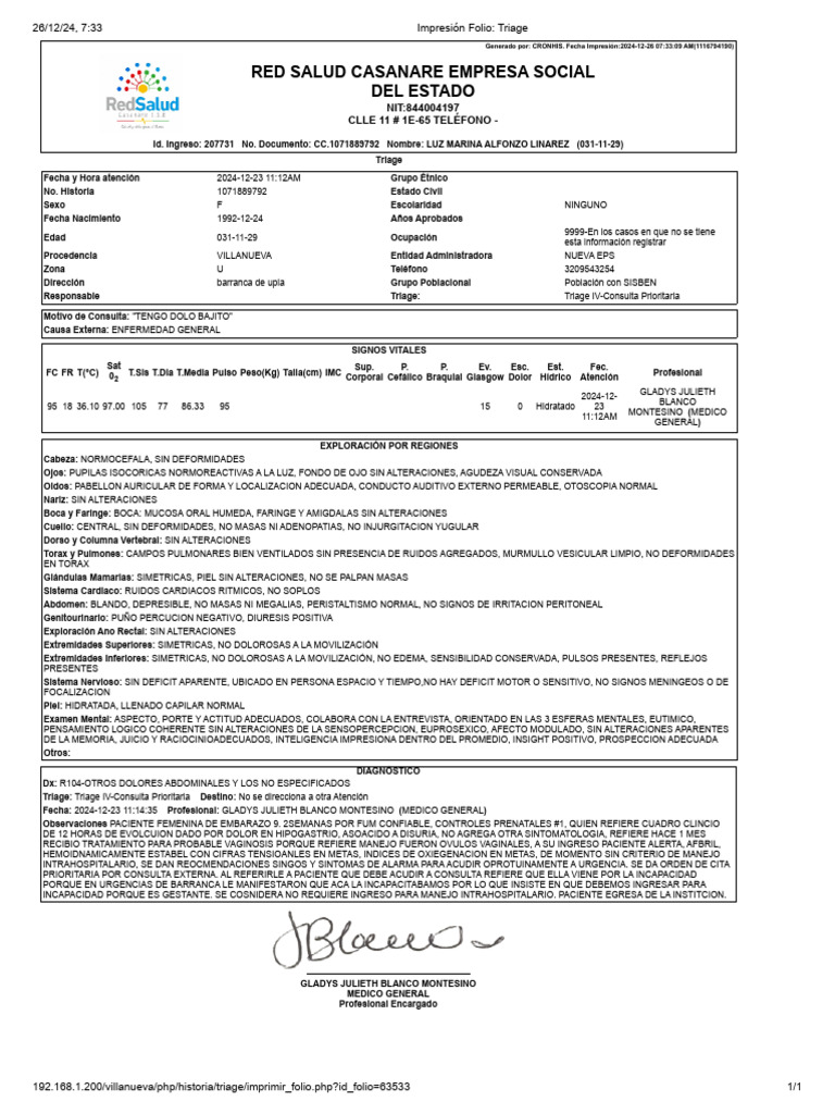 Impresión Folio - Triage | PDF | Especialidades Medicas | Medicina CLINICA