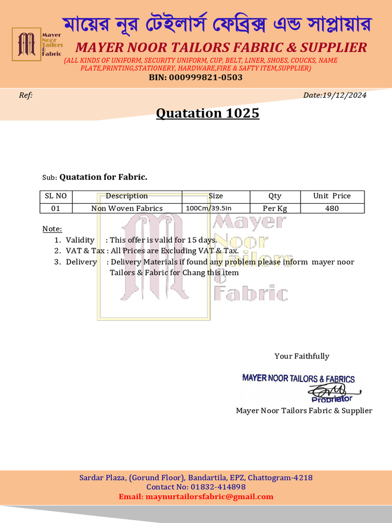 Fabric Quotation for Weixing Industrial | PDF