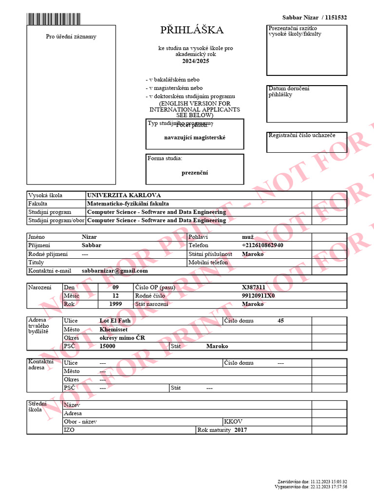 Charles Uni Application | PDF
