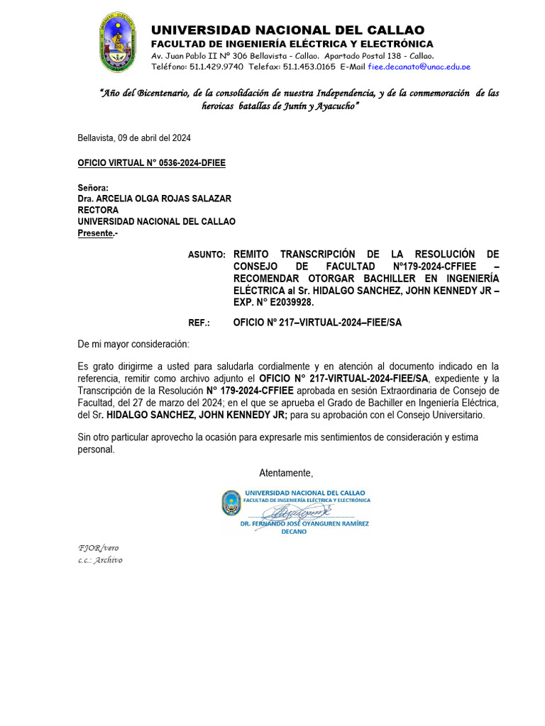 Oficio #0536 - Rectora - Bachiller Eí - Hidalgo Sanchez, John Kennedy JR | PDF