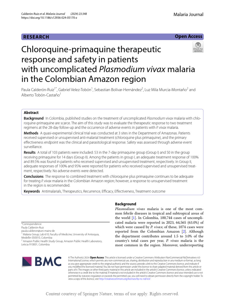 Chloroquine-Primaquine Therapeutic Response and Sa | PDF | Malaria ...