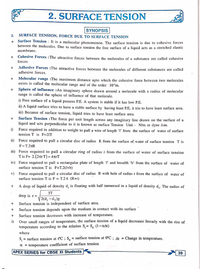Surface Tension Question Bank | PDF