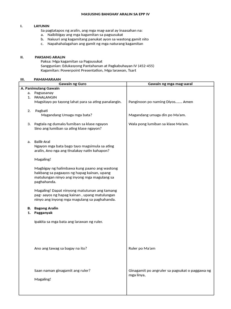 MASUSING BANGHAY ARALIN SA EPP IV | PDF