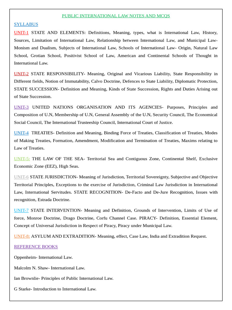 Public International Law Notes and Mcqs and Notes (October-2023) Docx ...