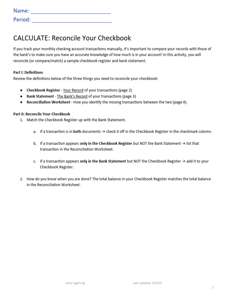CALCULATE - Reconcile Your Checkbook | PDF | Cheque | Transaction Account