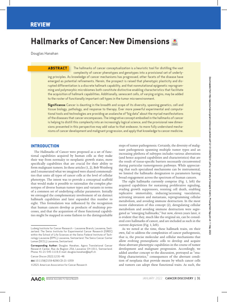 Hallmarks of Cancer: 2022 Update | PDF | Cellular Differentiation ...