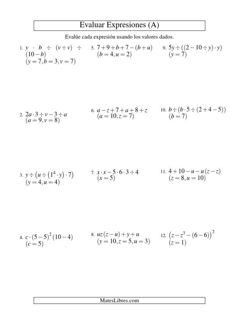 Algebra Evaluar Expresiones Algebraicas Tres Variables Cinco Pasos 001 | PDF